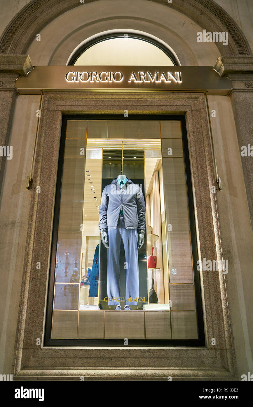 MILAN, ITALY - CIRCA NOVEMBER, 2017: a window display at Giorgio Armani ...