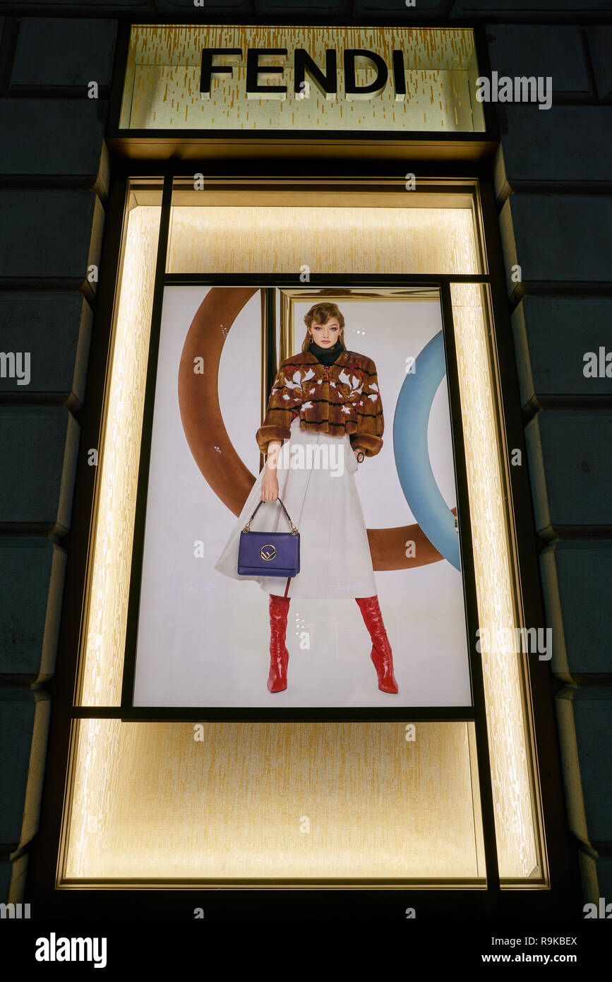 MILAN, ITALY - CIRCA NOVEMBER, 2017: a window display at Fendi store in ...
