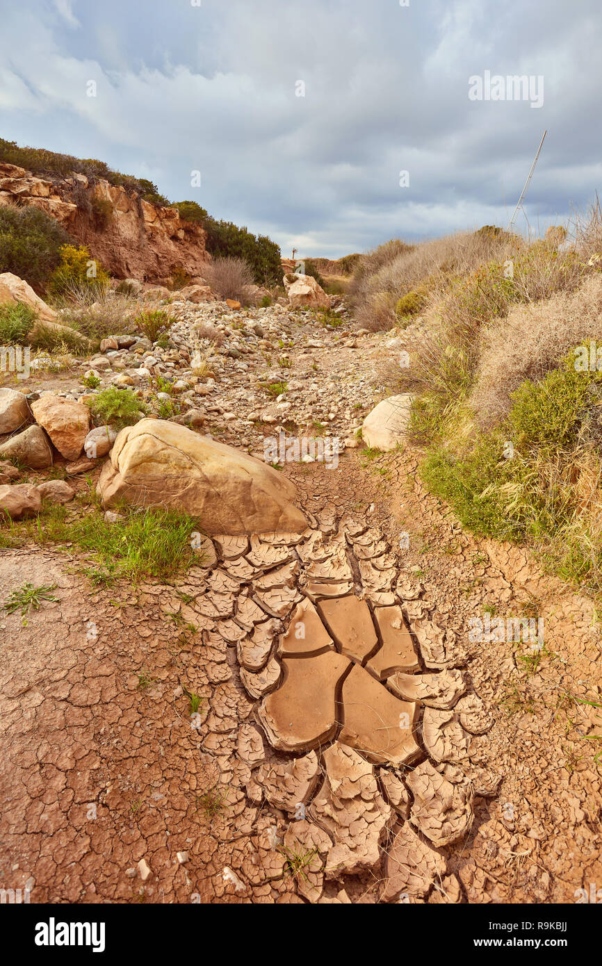 global warming. deep blue sky with clouds over drought earth Stock ...
