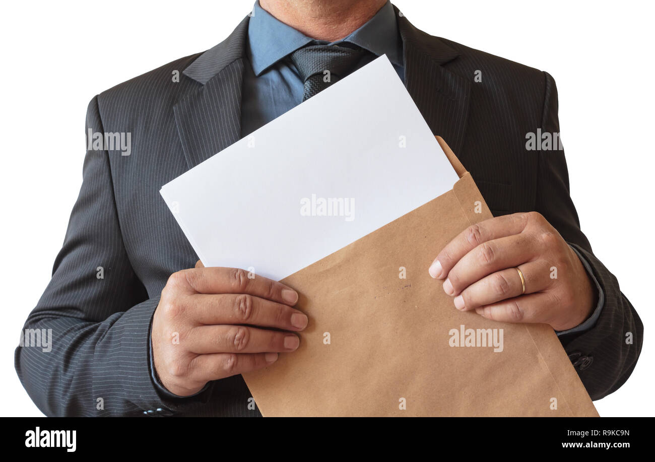 Business man opens envelope with blank sheet, on white background Stock ...