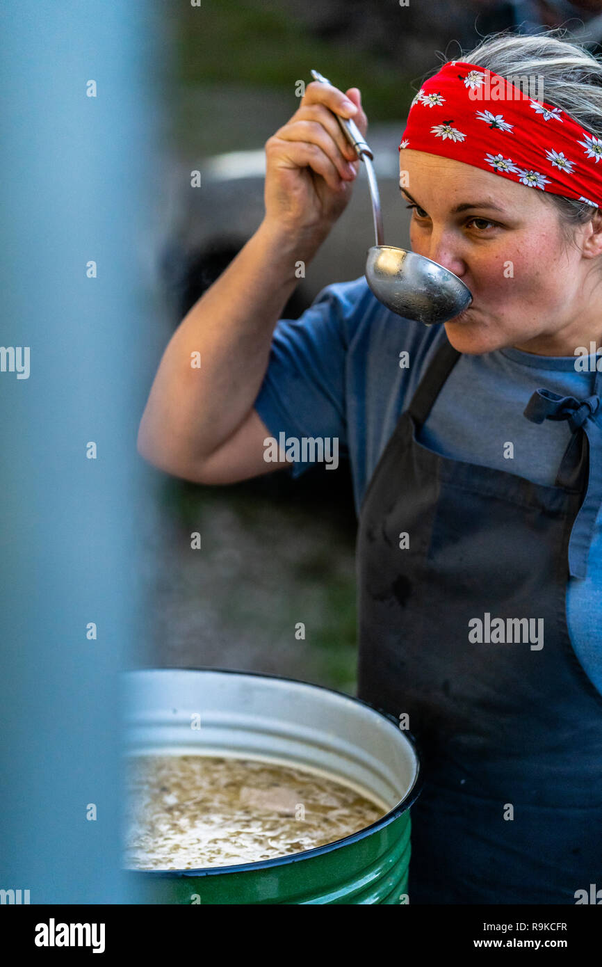 Female Chef Tasting Soup - Kitchen Set Stock Photo - Alamy