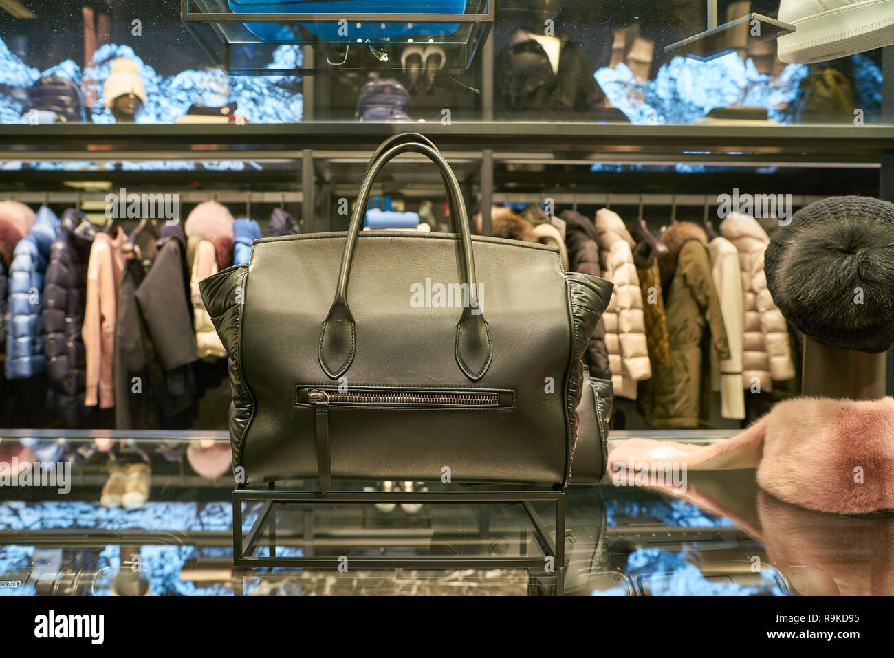 ROME, ITALY - CIRCA NOVEMBER, 2017: bag on display at a Moncler store ...
