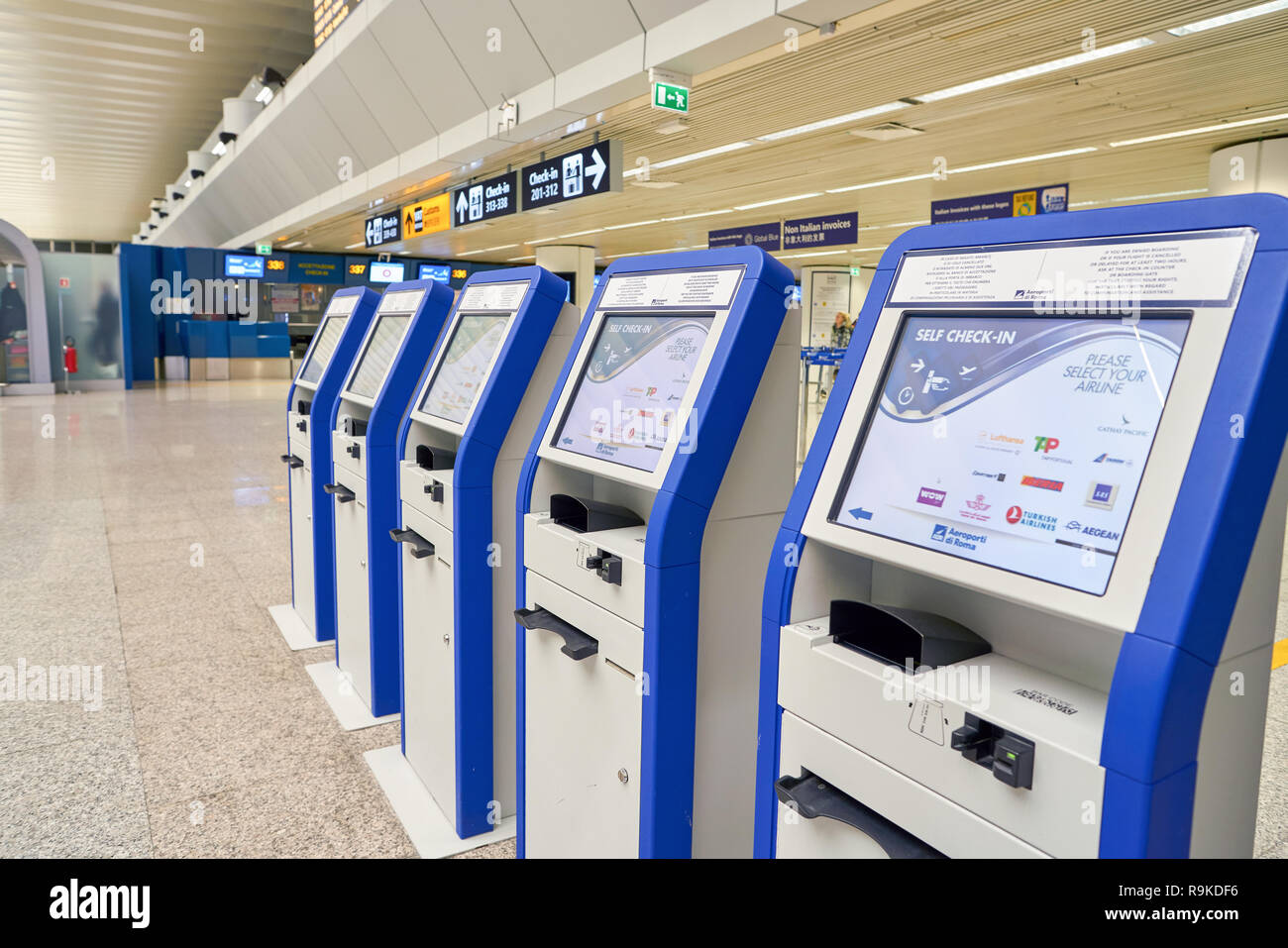 ROME, ITALY - CIRCA NOVEMBER, 2017: self check-in kiosks in Fiumicino ...