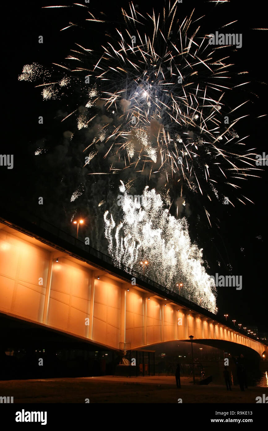 Fireworks above Branko's bridge in Belgrade - Brankov most Stock Photo ...