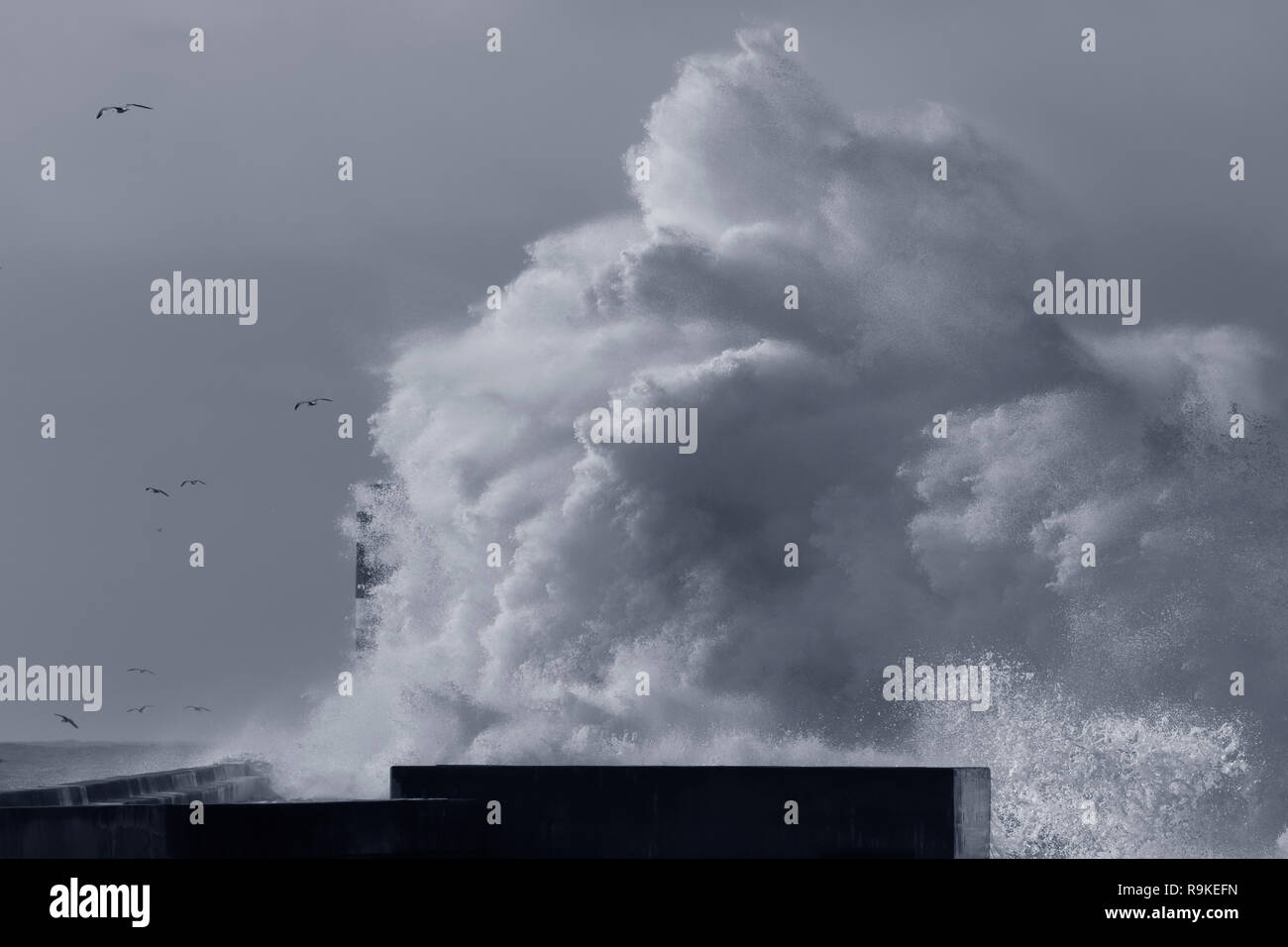Huge wave splash. Douro river mouth north pier and beacon Stock Photo ...