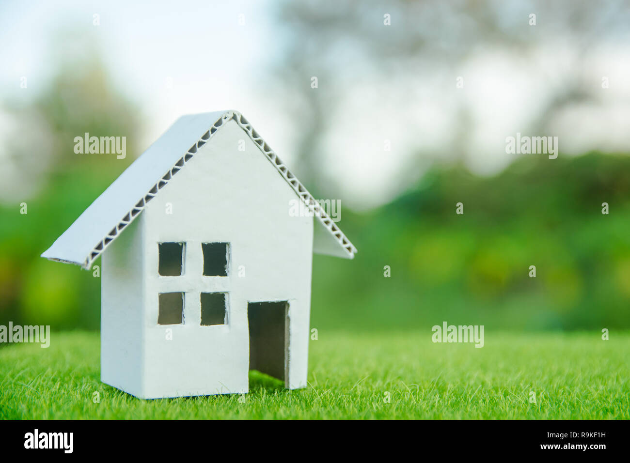 Eco house concept : Cardboard cut house on green grass with copy space ...