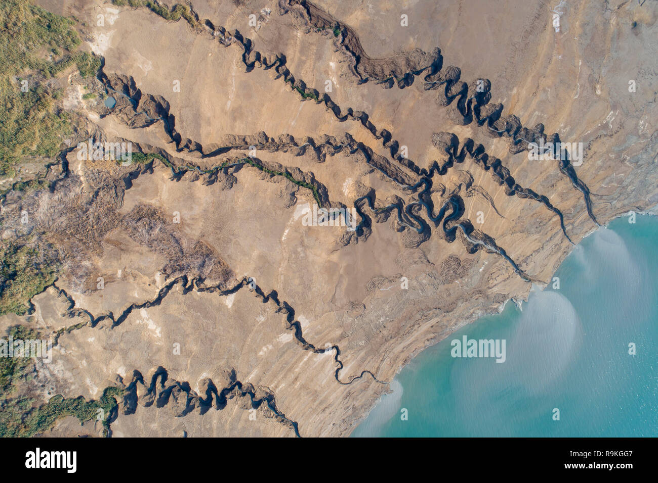 Aerial Photography with a drone. Elevated view of the shore of the Dead ...