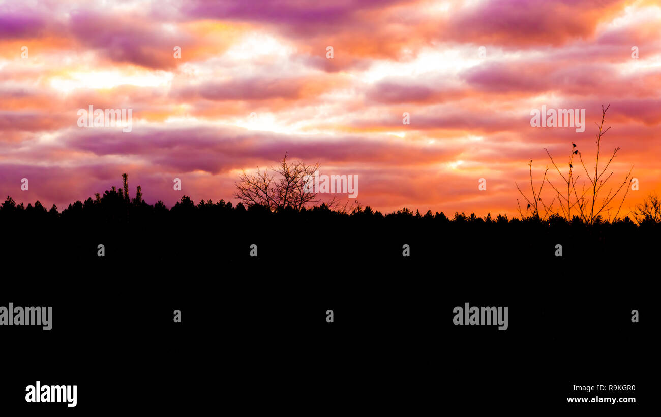 moorland landscape at sunset with nacreous clouds, a rare winter ...