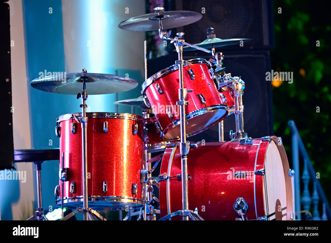 Close-up of musical drum set is ready to play in a live stage ...
