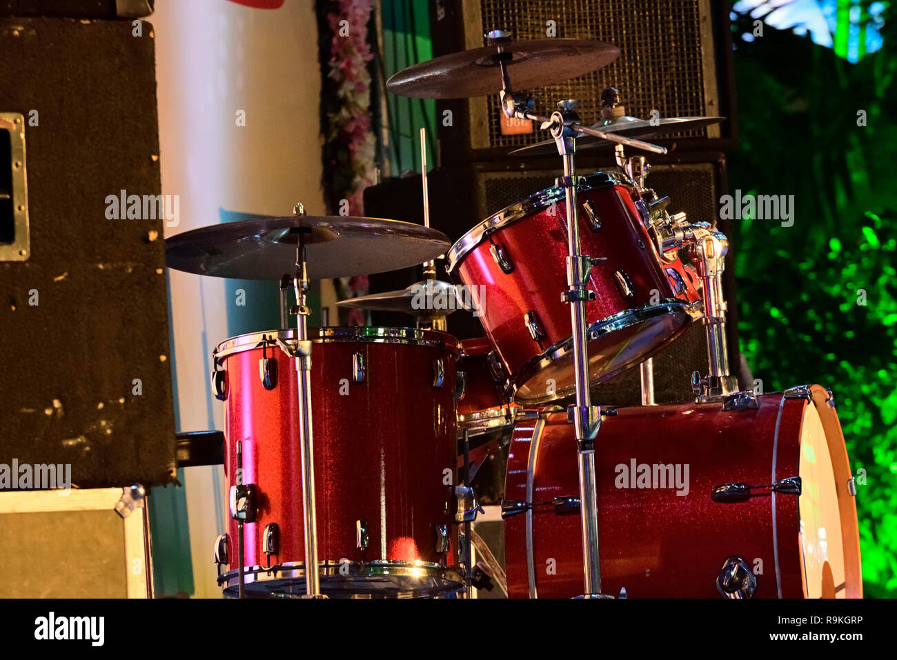 Close-up of musical drum set is ready to play in a live stage ...