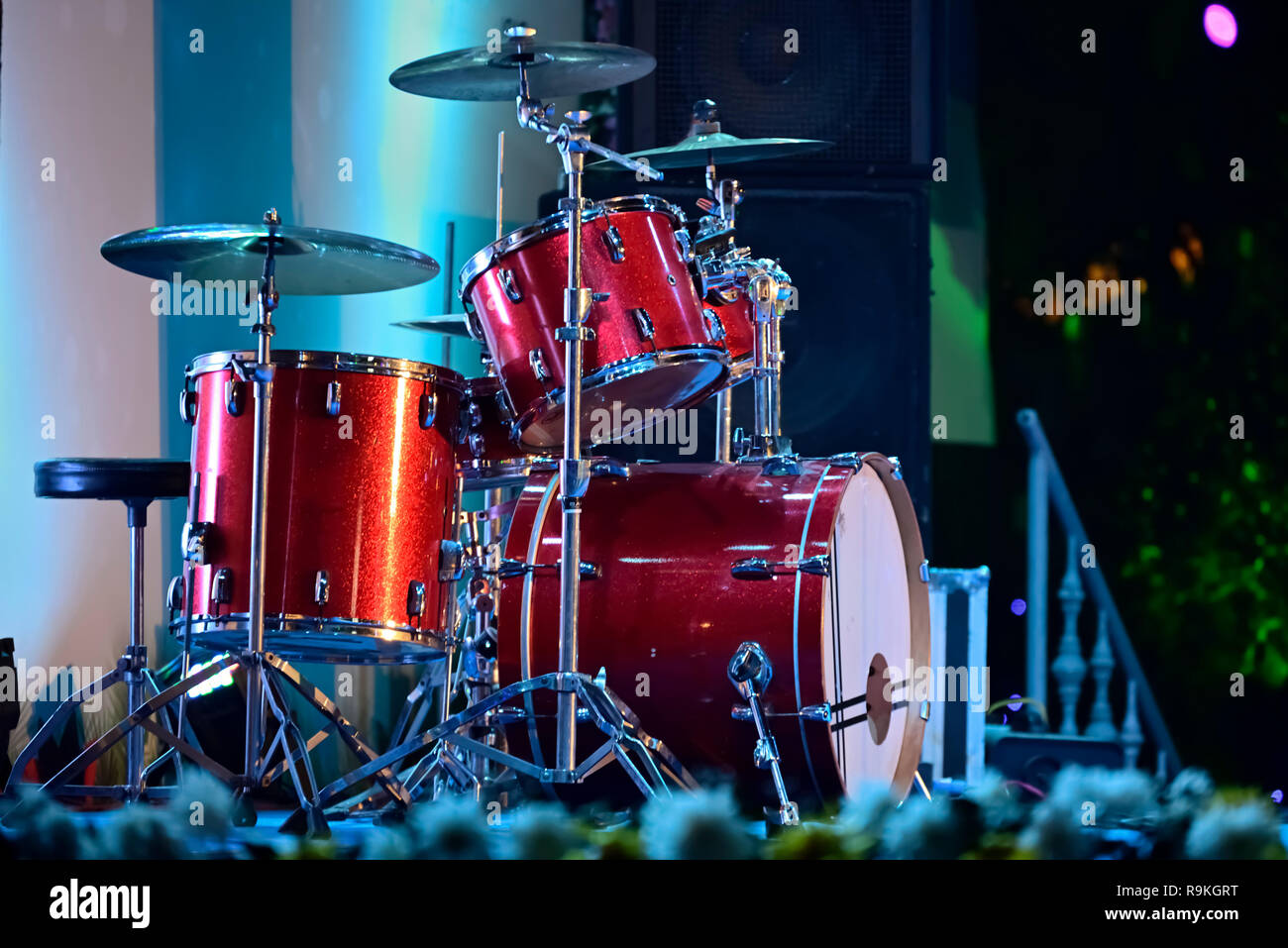 Close-up of musical drum set is ready to play in a live stage ...
