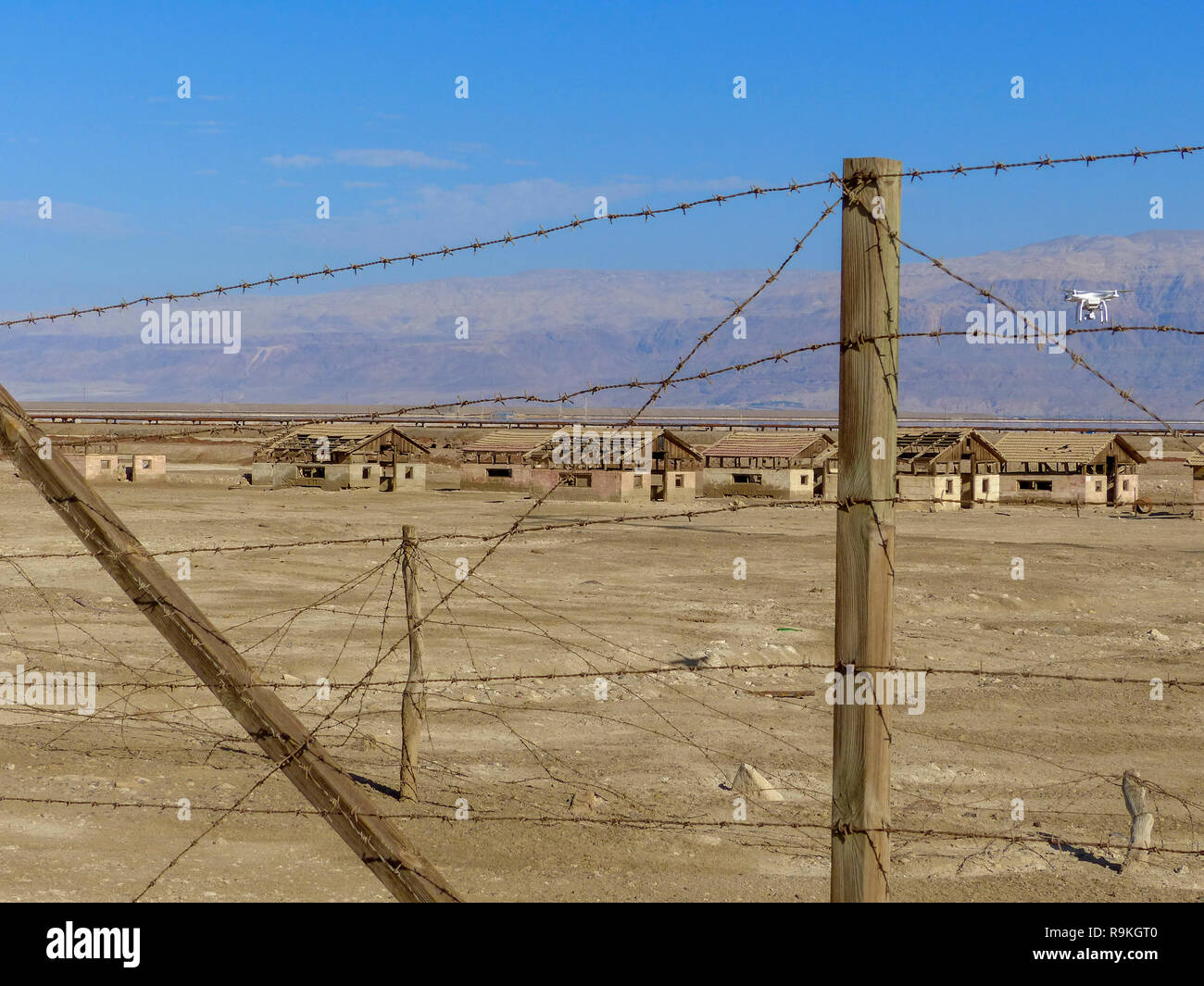 Israel, Dead Sea. Abandoned barracks buildings on the shore as seen ...