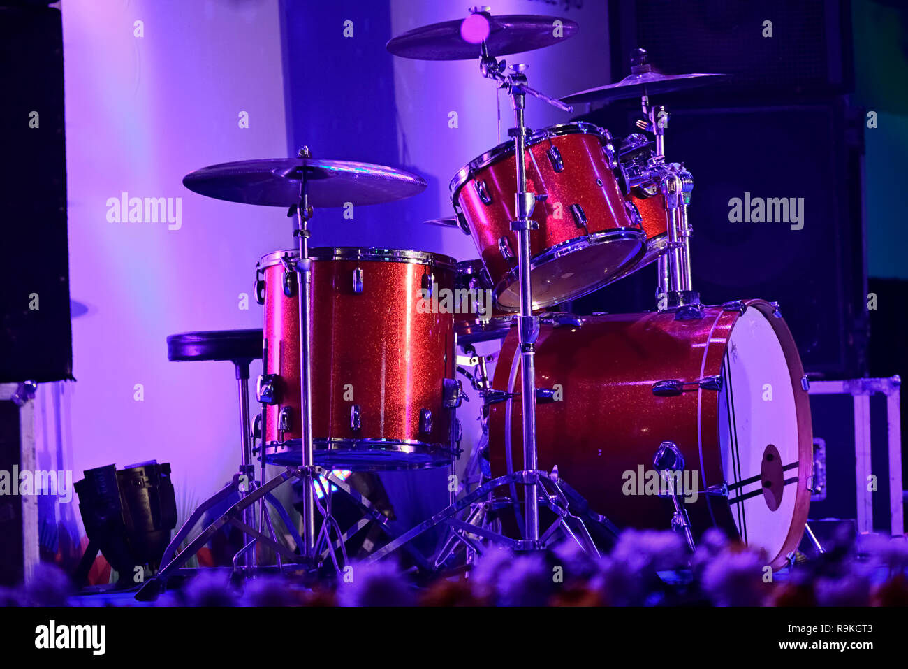 Close-up of musical drum set is ready to play in a live stage ...