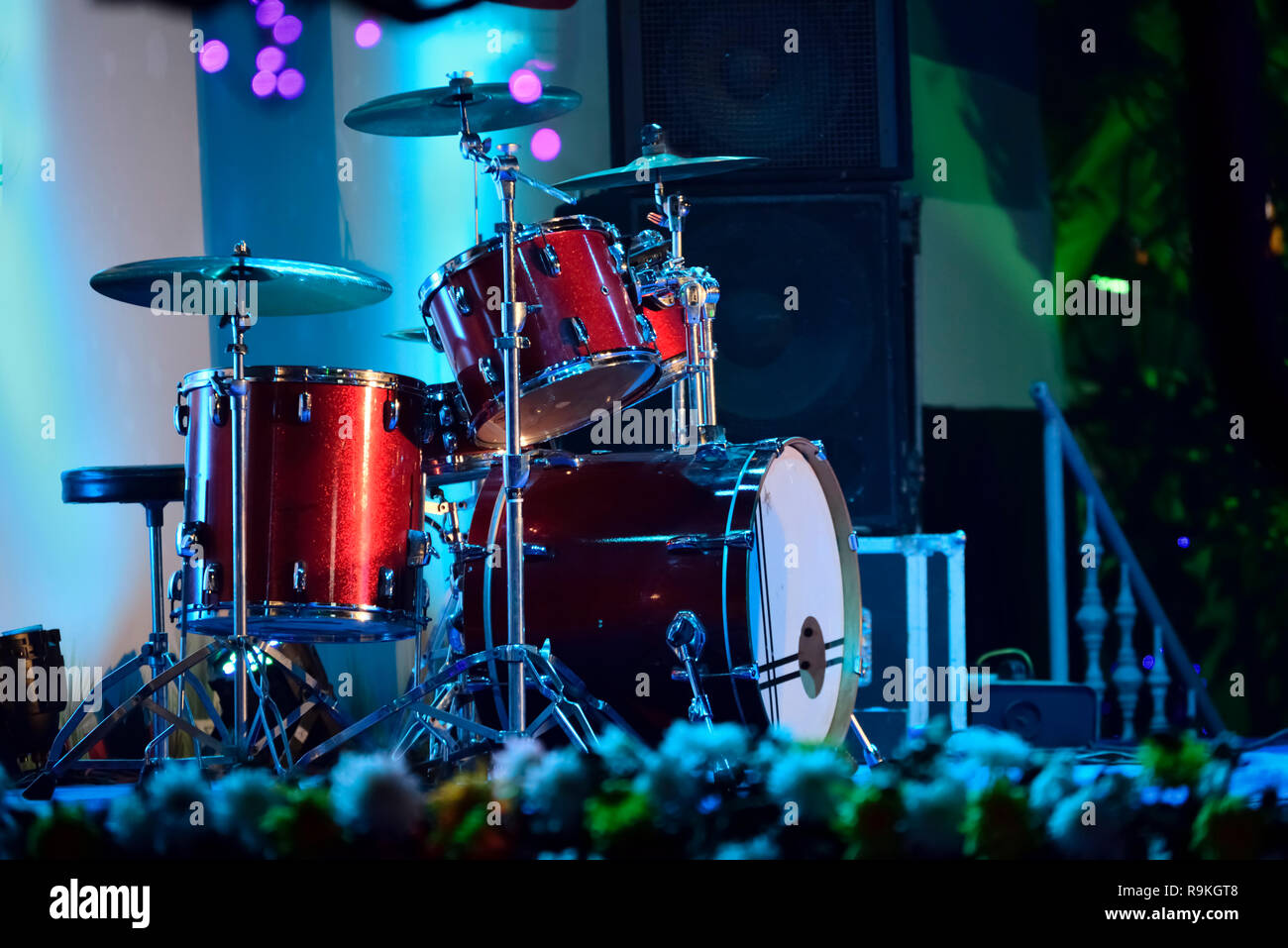 Close-up of musical drum set is ready to play in a live stage ...