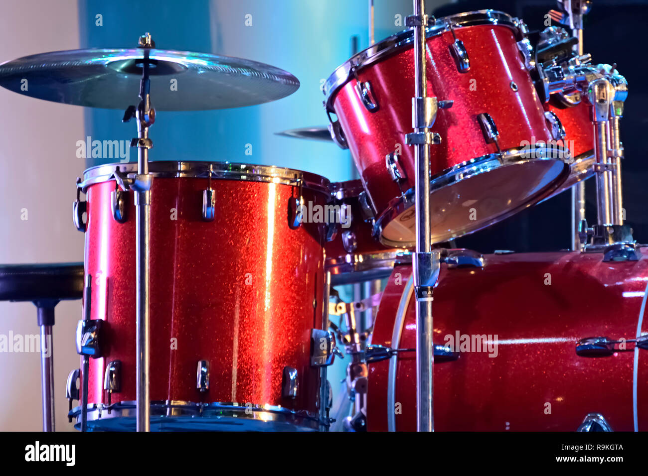 Close-up of musical drum set is ready to play in a live stage ...