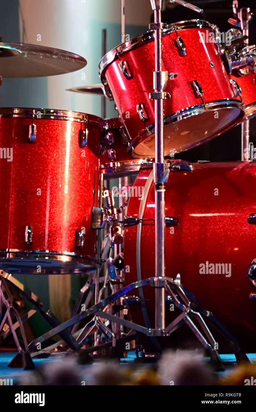 Close-up of musical drum set is ready to play in a live stage ...