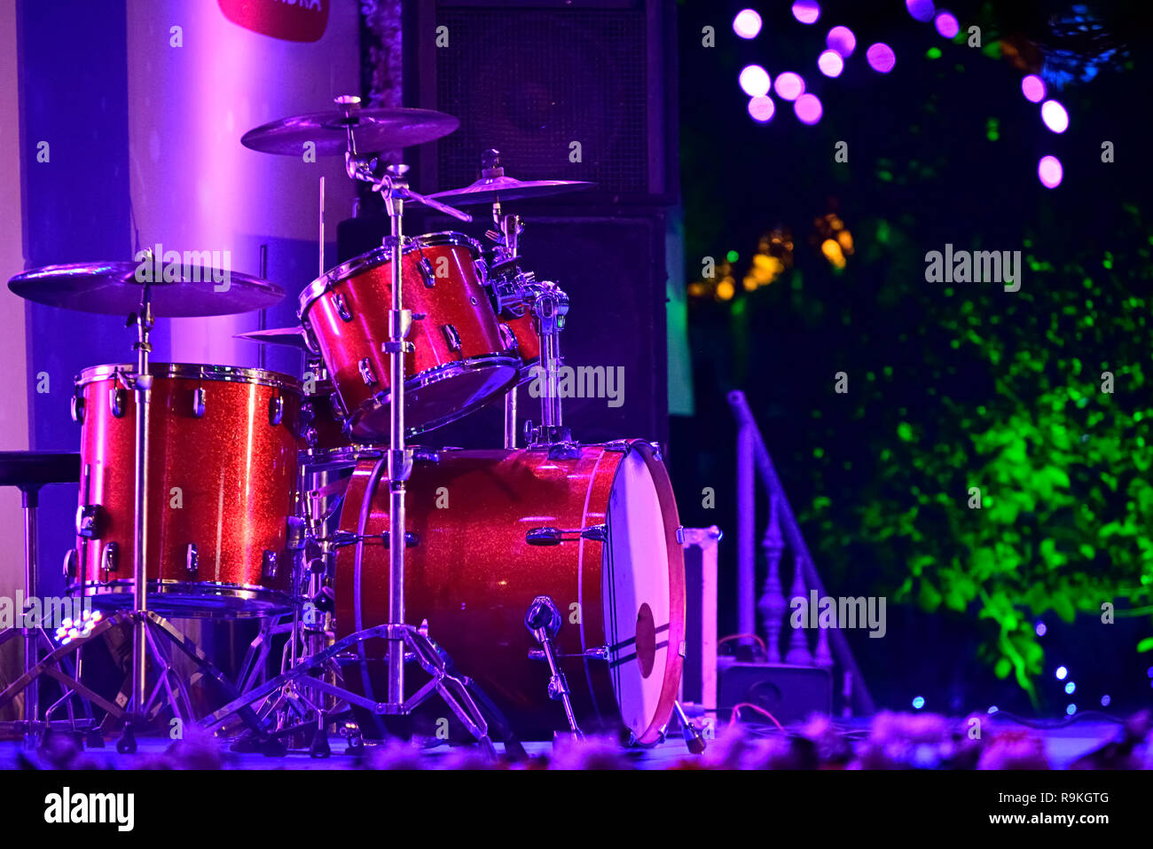 Close-up of musical drum set is ready to play in a live stage ...