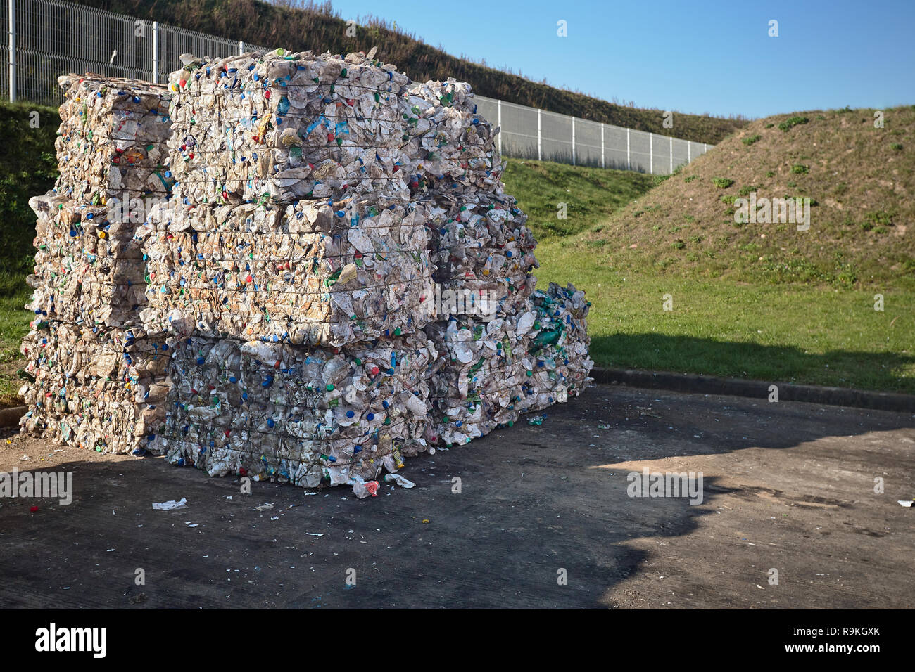 Modern waste sorting and recycling plant. Bales of dairy and drink ...