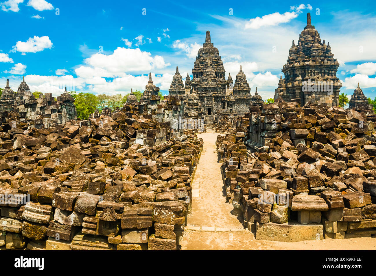 Ruins of the Ancient mystical old Hindu Prambanan temple near ...