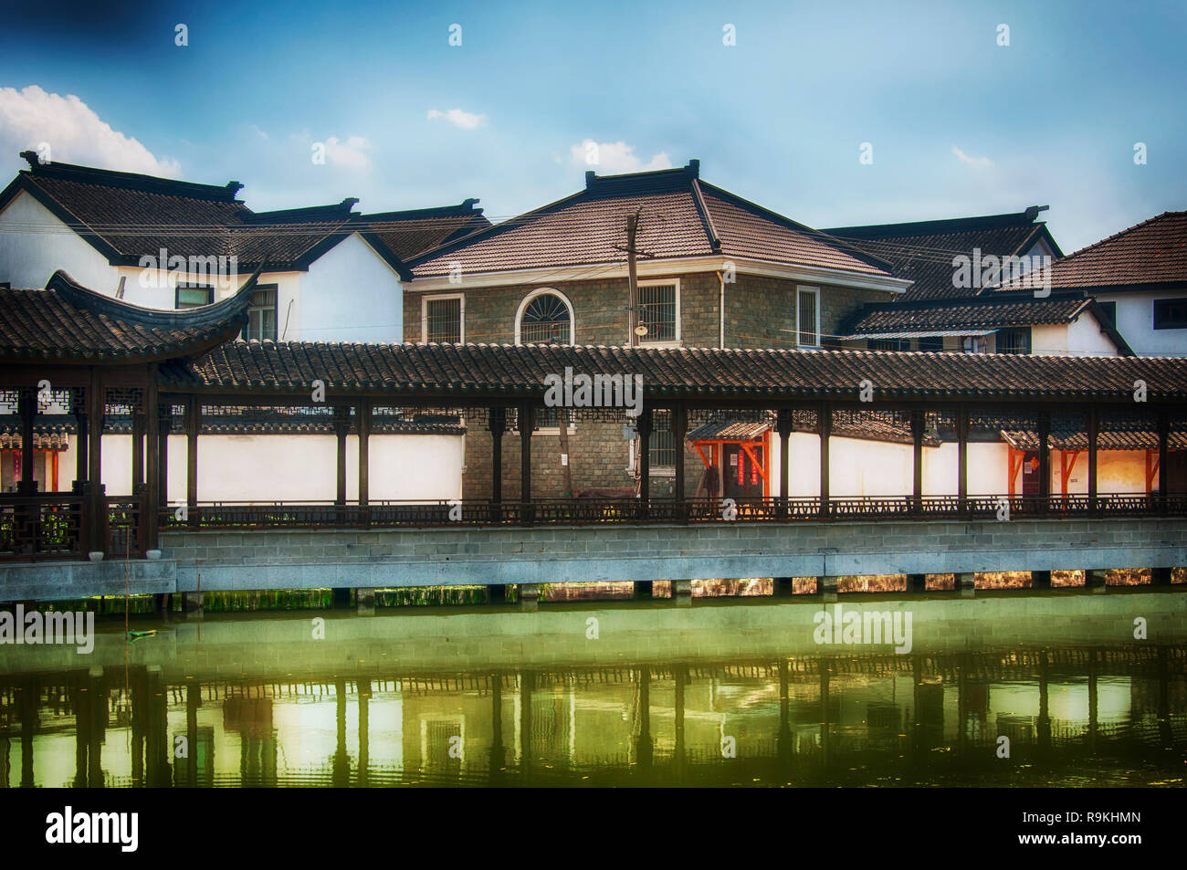 The white buildings of the Luzhi Water Town scenic area in Wuzhong area ...