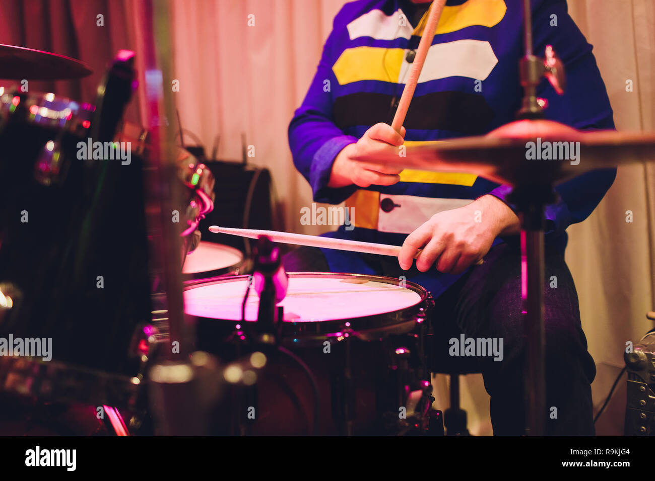 Professional drum set closeup. Drummer with drums, live music concert ...