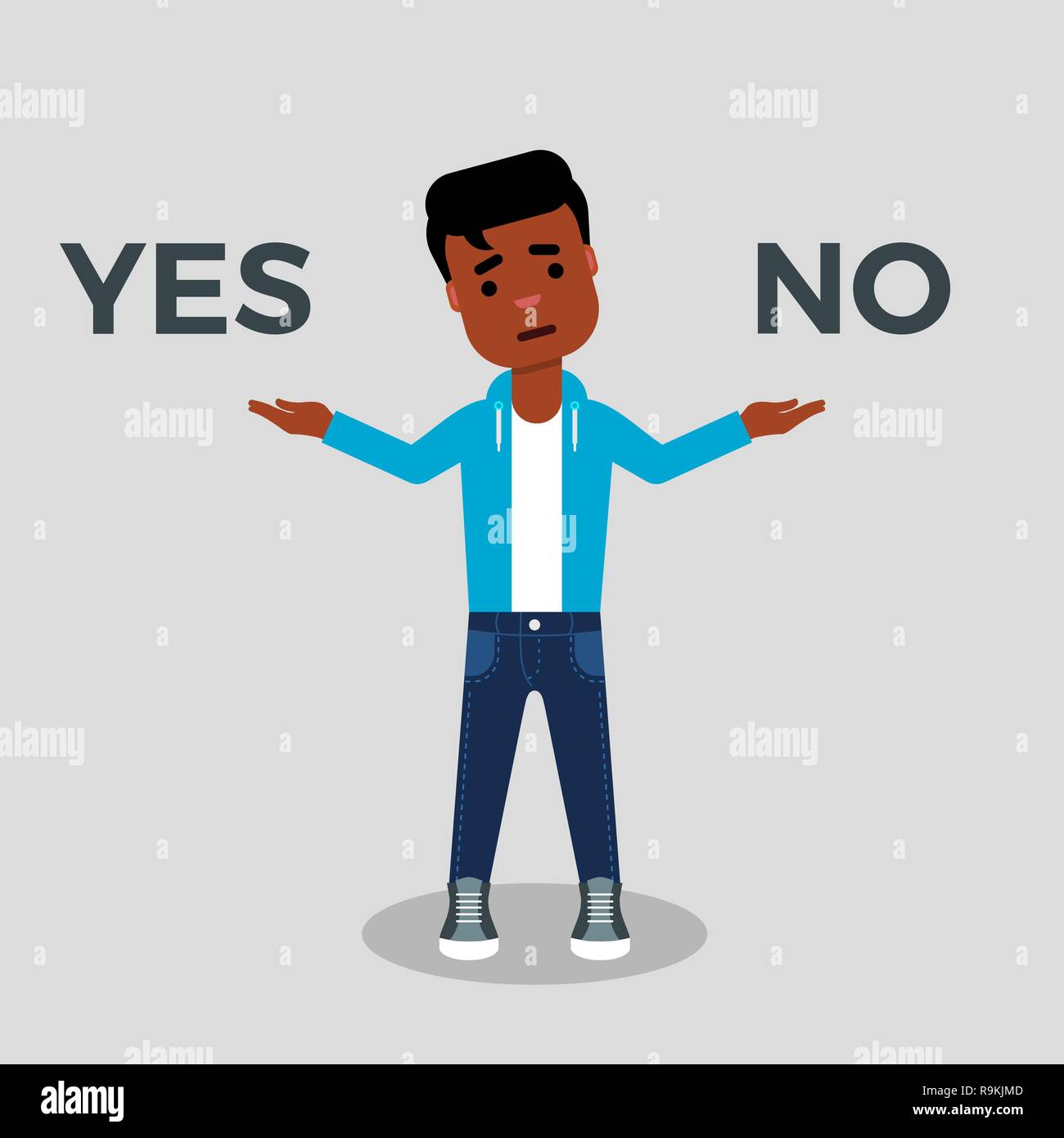 Yes or no choice. Young African American in jeans and sweatshirt making ...