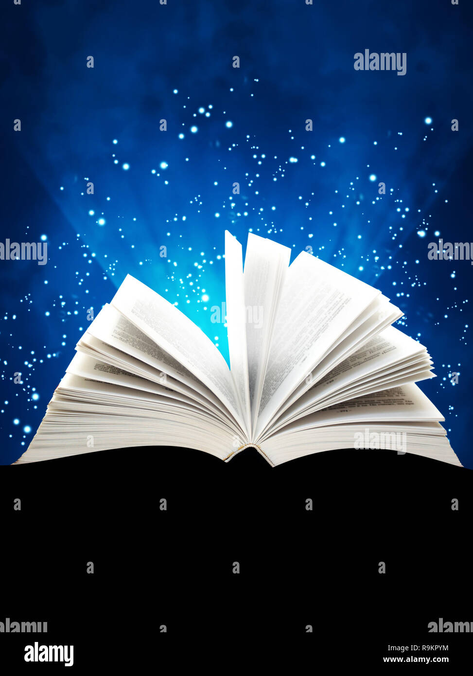 Border with magic book. On blue background Stock Photo - Alamy