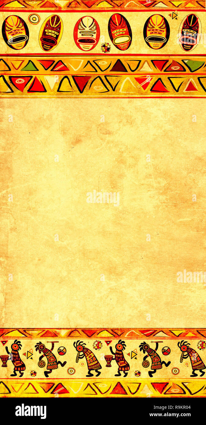 Dancing musician. Grunge background with African traditional patterns ...