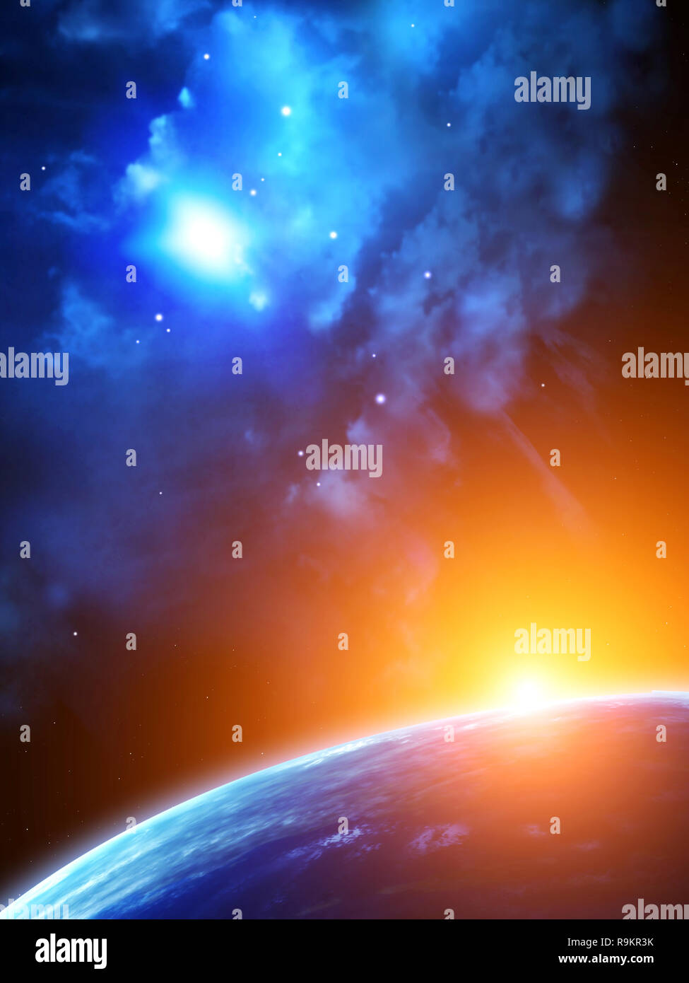 A beautiful space scene with sun, planets and nebula Stock Photo - Alamy