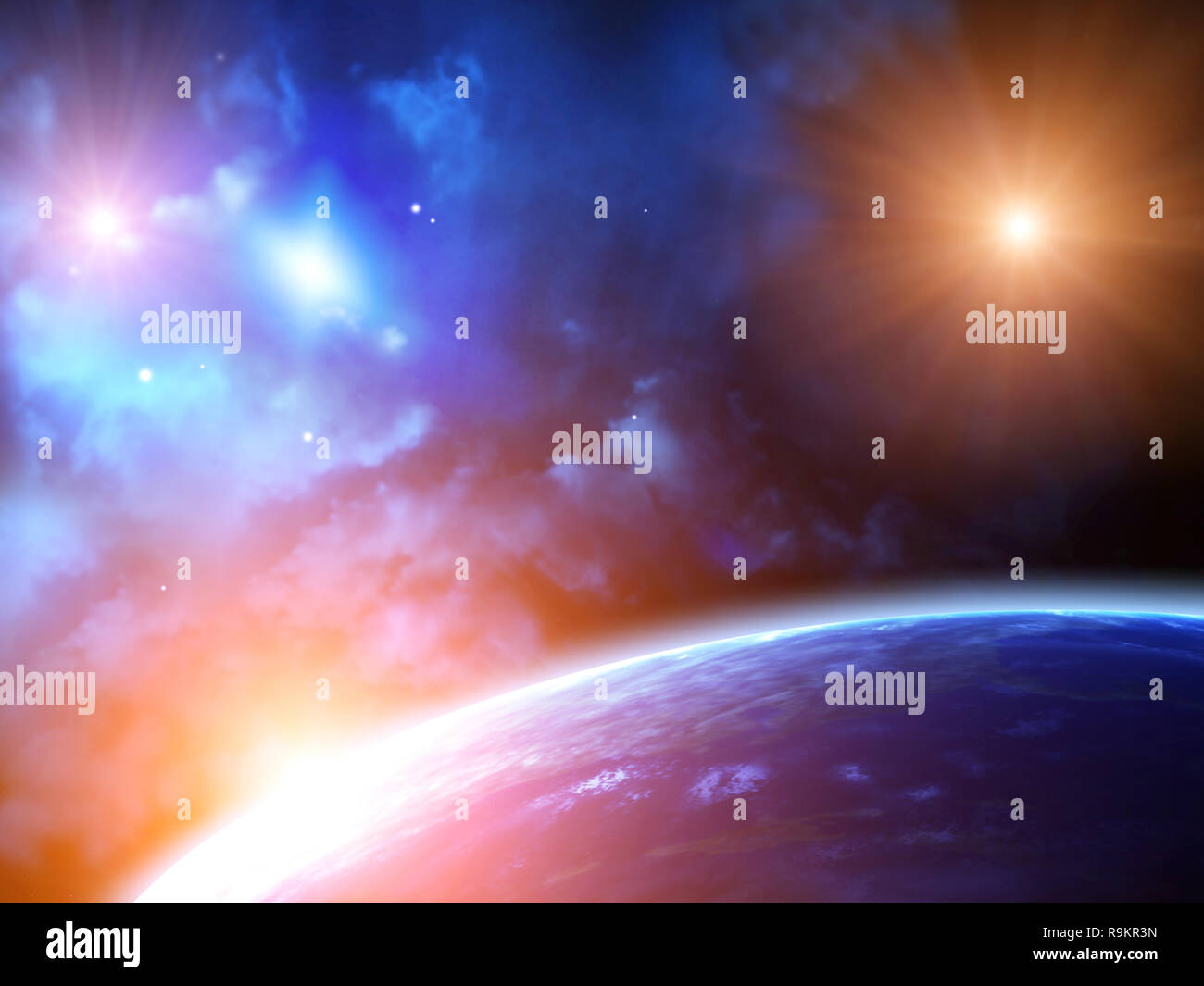A beautiful space scene with sun, planets and nebula. Elements of this ...