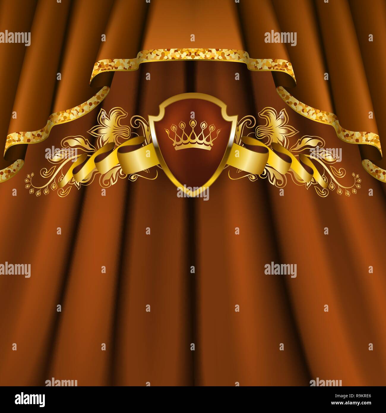 Royal background with ornament, shield, gold crown, ribbon, blazon ...