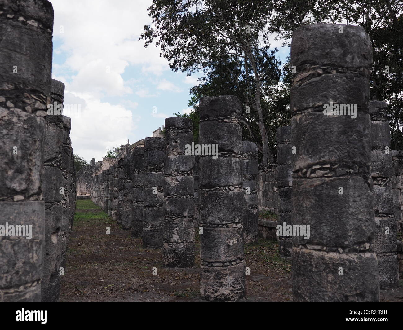 Ancient columns in the Temple of a Thousand Warriors in Chichen Itza ...