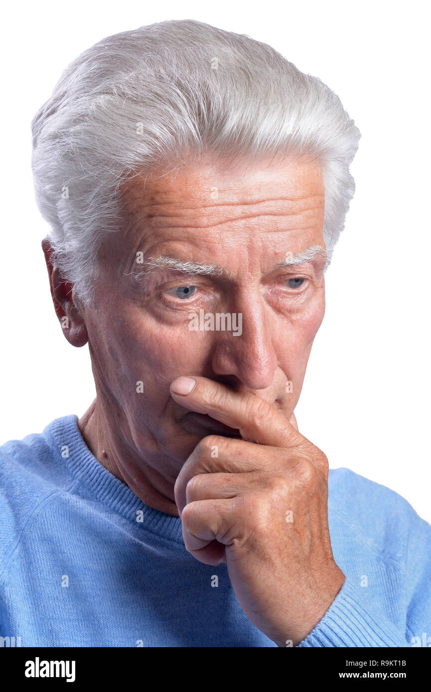 Portrait of thinking senior man isolated on white background Stock Photo - Alamy