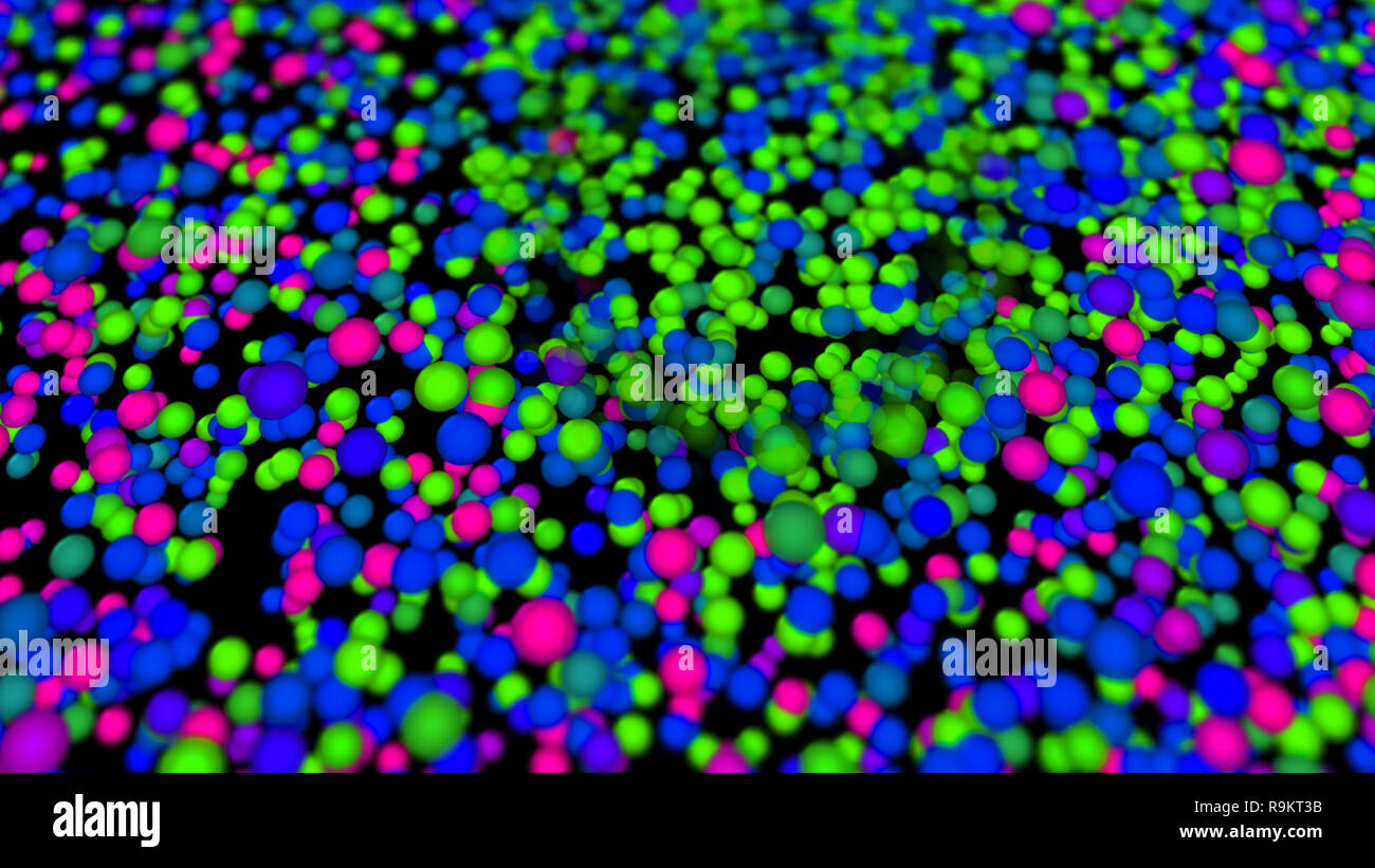 Particles balls abstract background. Flight between multi colored gas ...