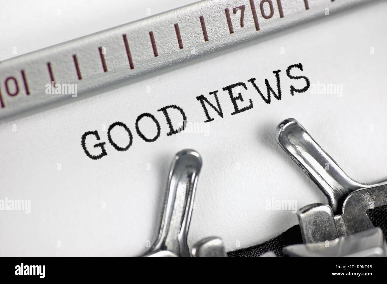 Typewriter detailed macro closeup, journalist typing text good news ...