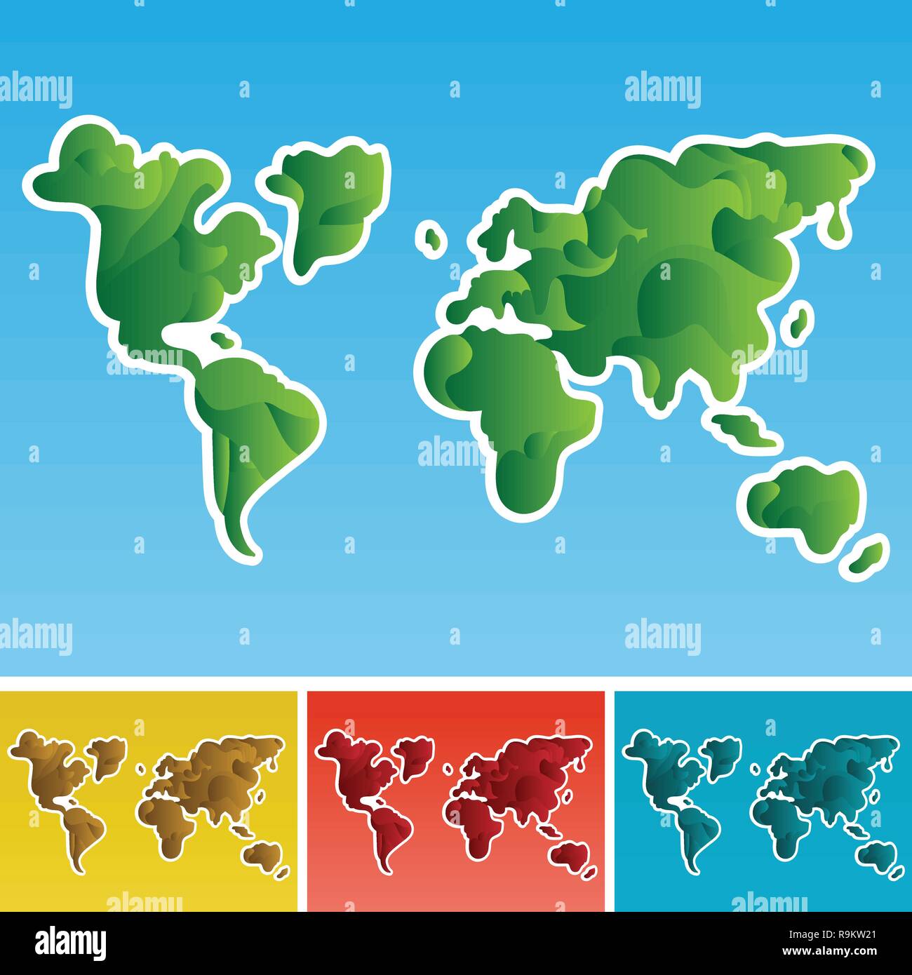 Hand Drawn World Map Design in Various Colors - Modern Style Cartoon ...