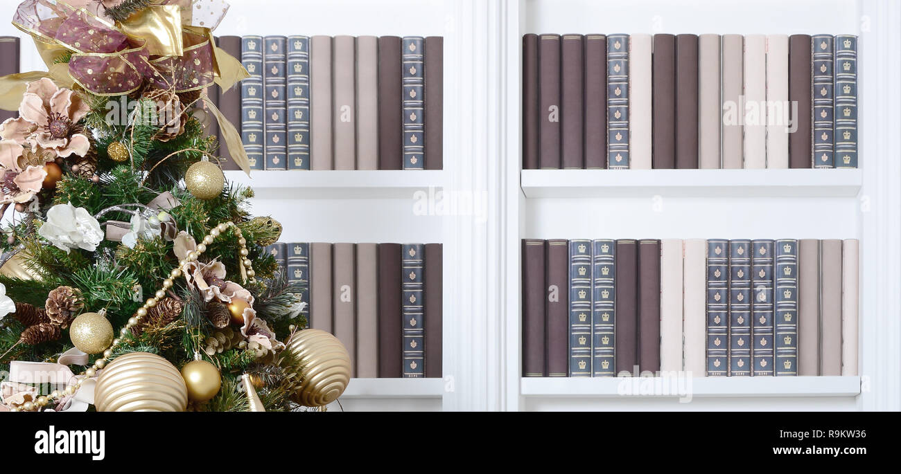 A beautiful decorated Christmas tree on the background of a bookshelf ...