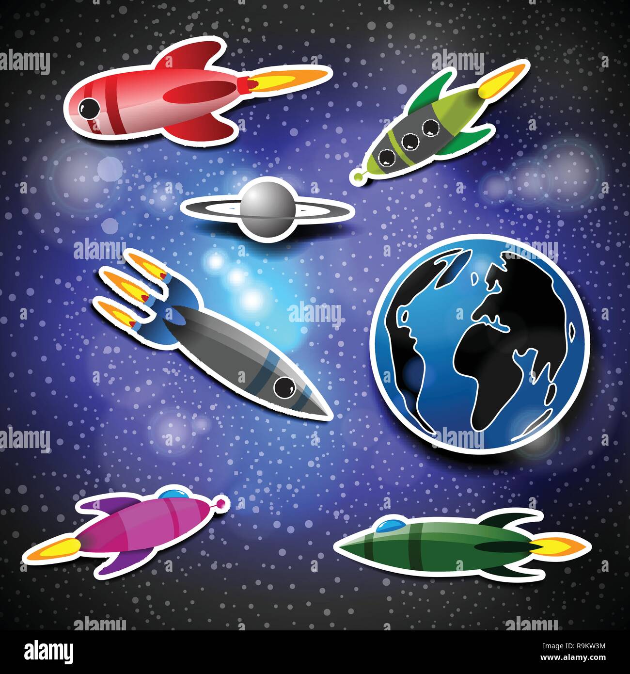 Space Concept with Starry Sky, Rockets, Earth Globe - Background, Funny ...