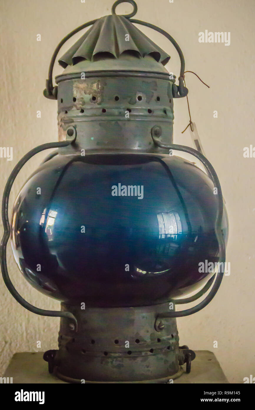 Vintage old blue submarine signal lamp, a visual signaling device for ...