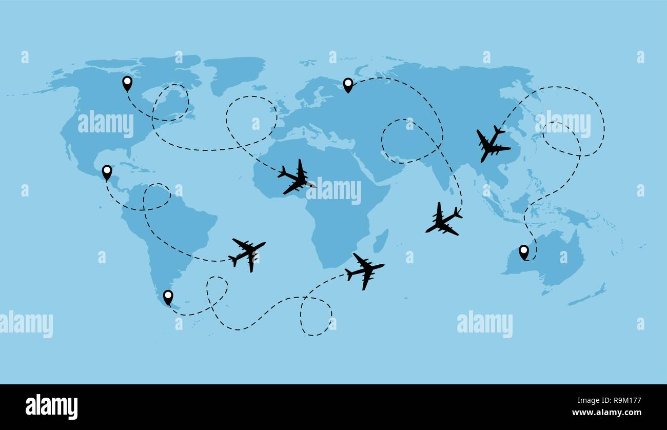 Airplane dotted flight background above world map. Vector Illustration ...