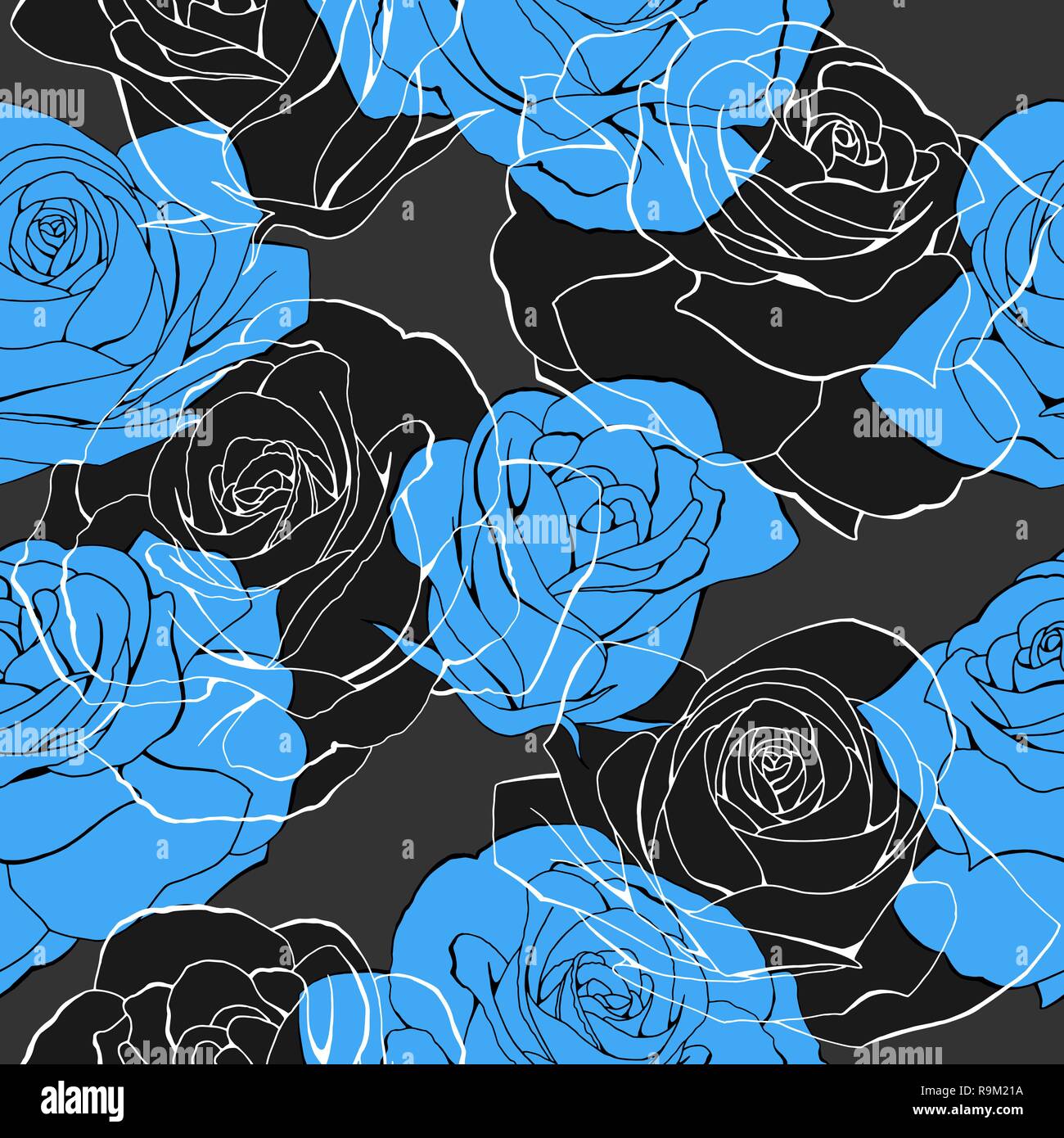 Blue frozen rose flower bouquets contour elements seamless pattern on ...