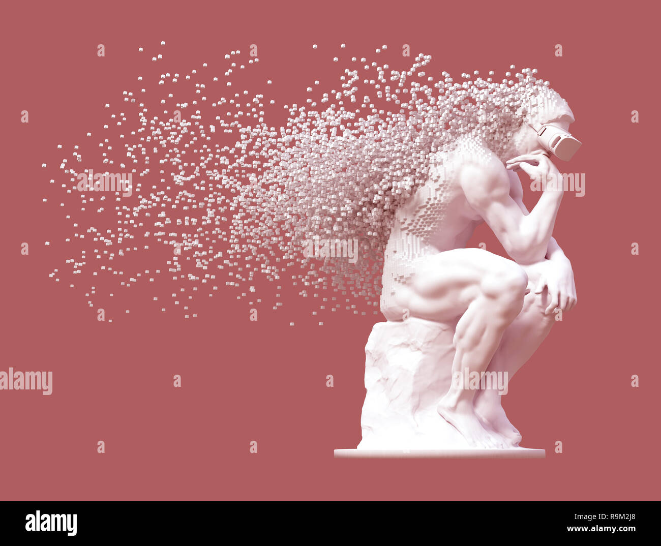 Sculpture Thinker With VR Glasses Desintegrated Into 3D Pixels On Pink ...