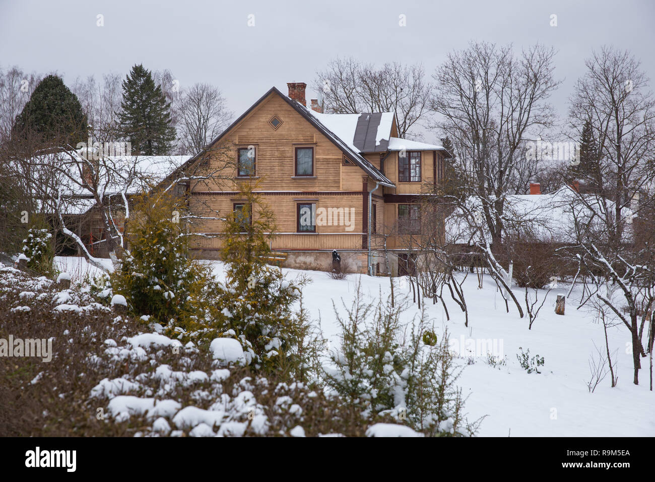 City Cesis, Latvia. Old town buildings, street and urban view. Winter ...