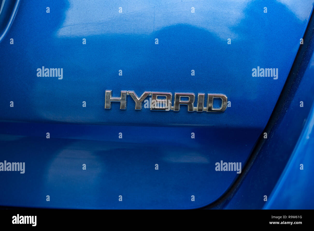 Hybrid car sign. Ecology vehicle safe to environment Stock Photo - Alamy