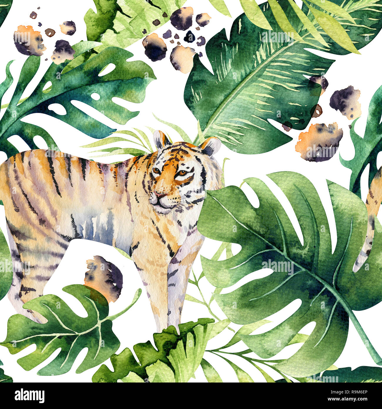 Seamless watercolor tiger pattern with tigers with tropical leaves ...