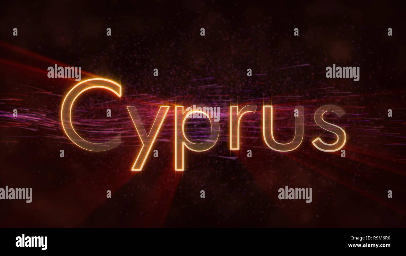 Cyprus - Shiny rays on edge of country name text over a background with ...