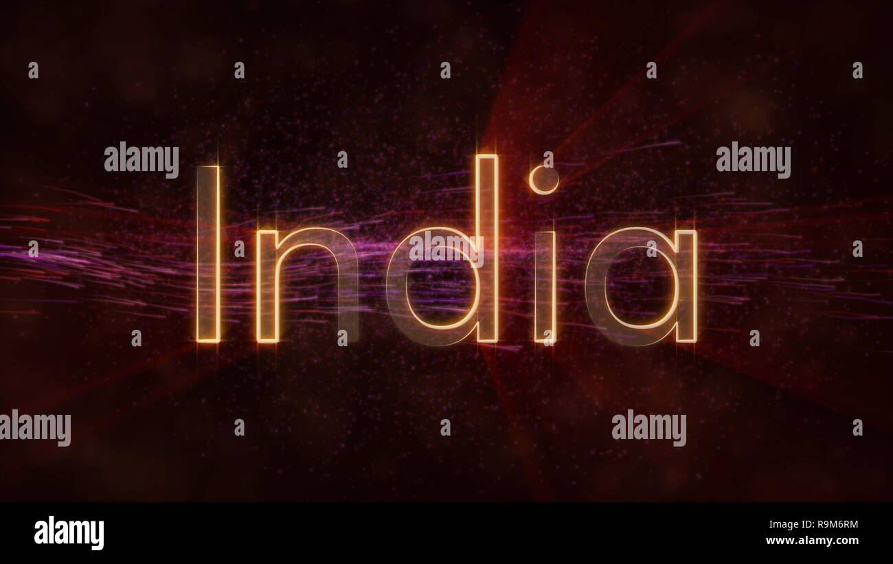 India - Shiny rays on edge of country name text over a background with ...