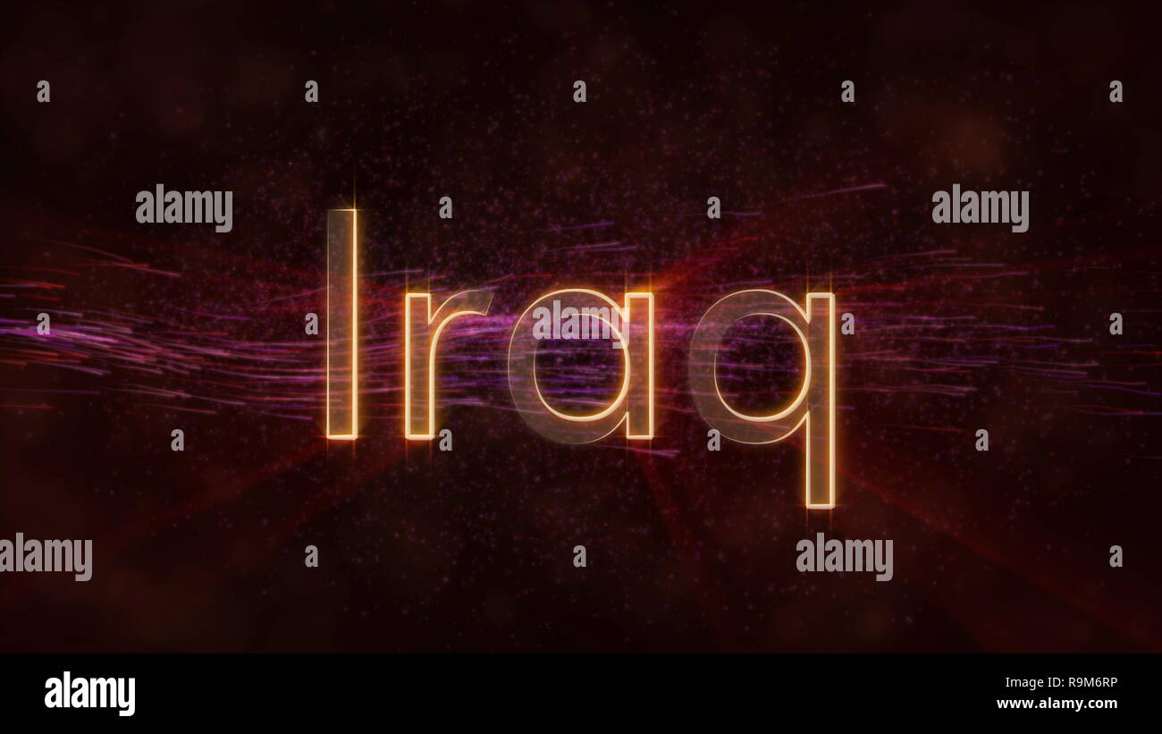 Iraq - Shiny rays on edge of country name text over a background with ...