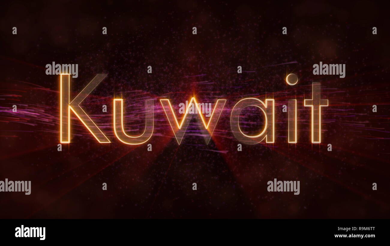 Kuwait - Shiny rays on edge of country name text over a background with ...