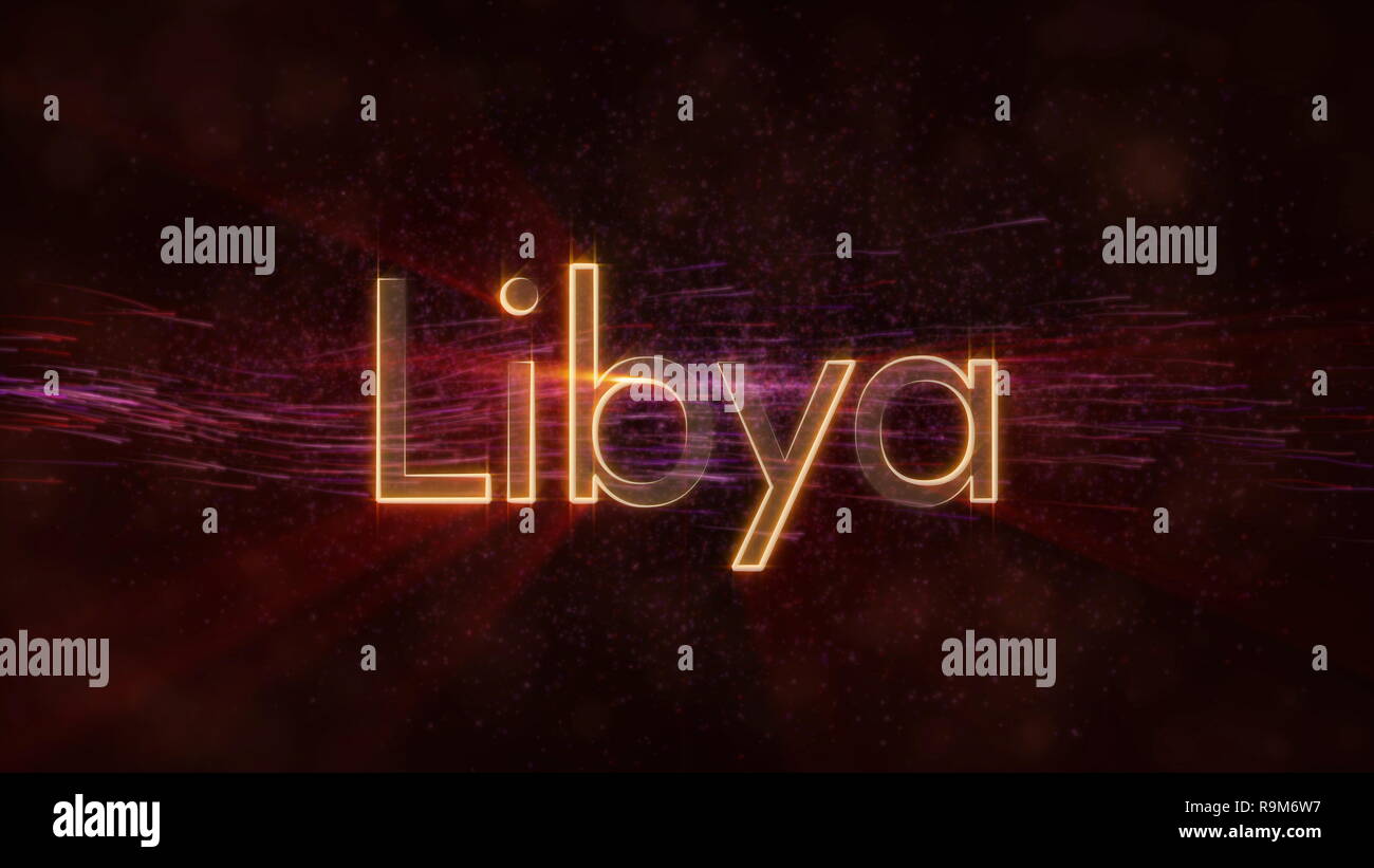 Libya - Shiny rays on edge of country name text over a background with ...
